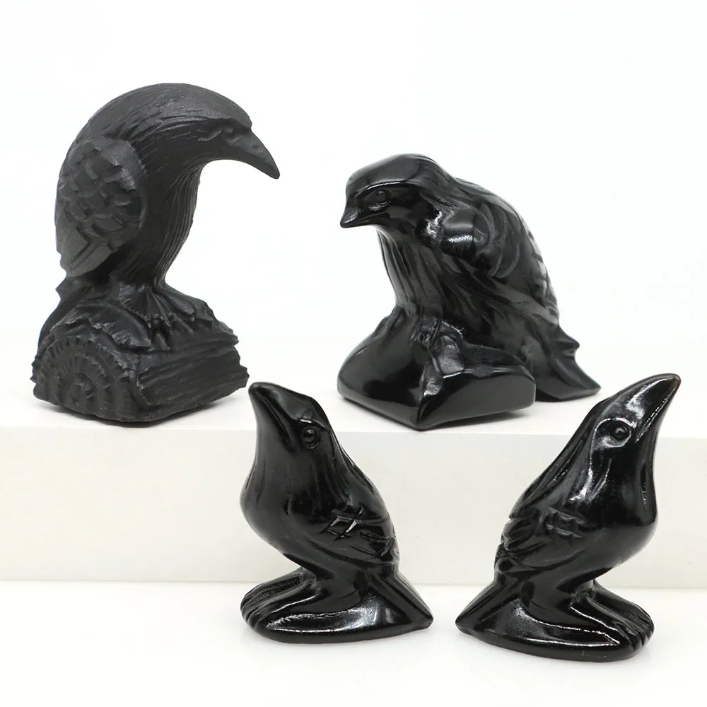 Halloween Gothic Raven Statue Natural Stone Black Obsidian Carved Crow ...