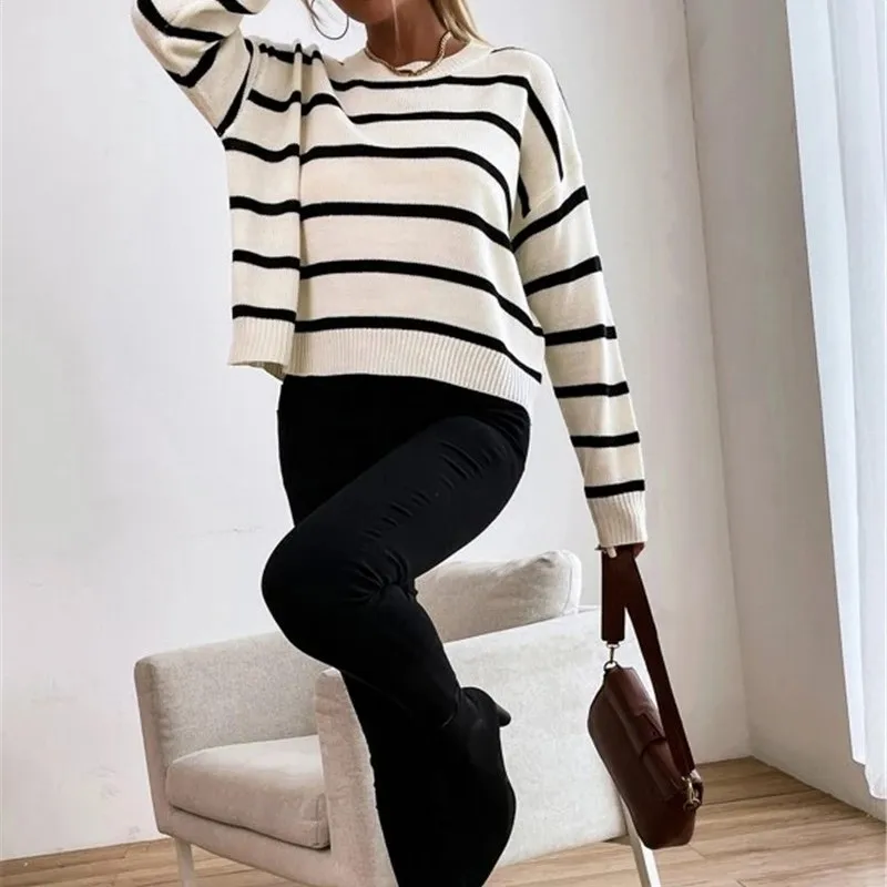 Autumn Winter Loose Casual Long Sleeve Sweater Classic Striped Color ...