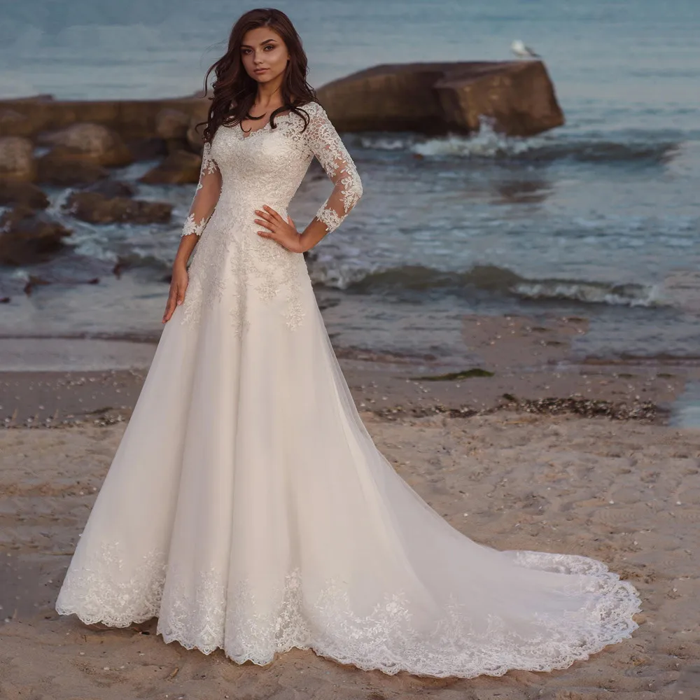 Robe De mariée longue en Tulle, manches longues, col en V, avec Appliques en dentelle, ligne A ...
