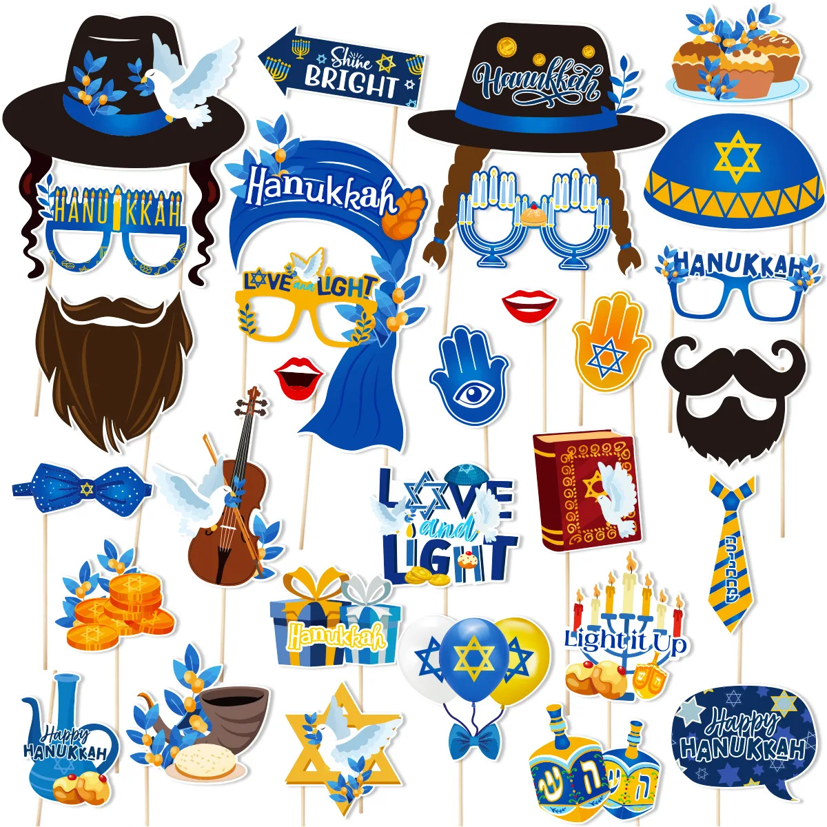 30Pcs Cartoon Hanukkah Theme Photo Booth Props Chanukah Dress Up Paper ...