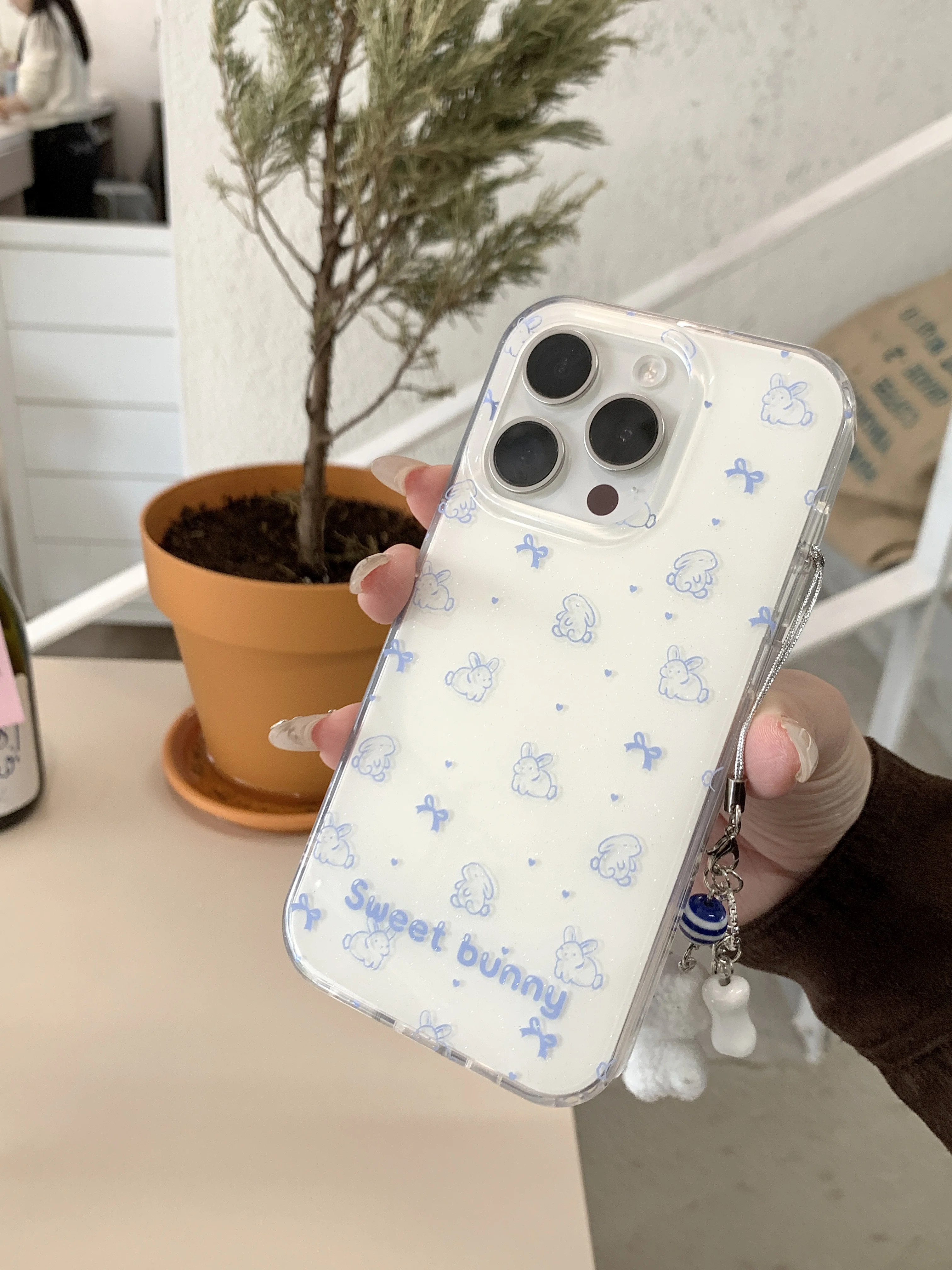 Korean Ins Cute Blue Bow Rabbit Pendant Phone Case for iPhone 16 15 14 ...