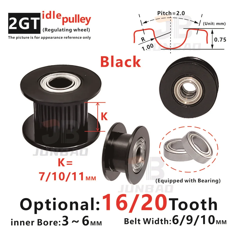 Black 2GT 16T/20T Idle pulley Equipped with Bearing Belt Width 6 9 10 ...