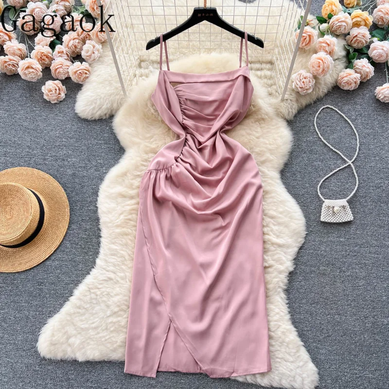 Gagaok-French-Niche-Design-Dresses-Pleated-Waist-Split-Satin-Dress-for ...