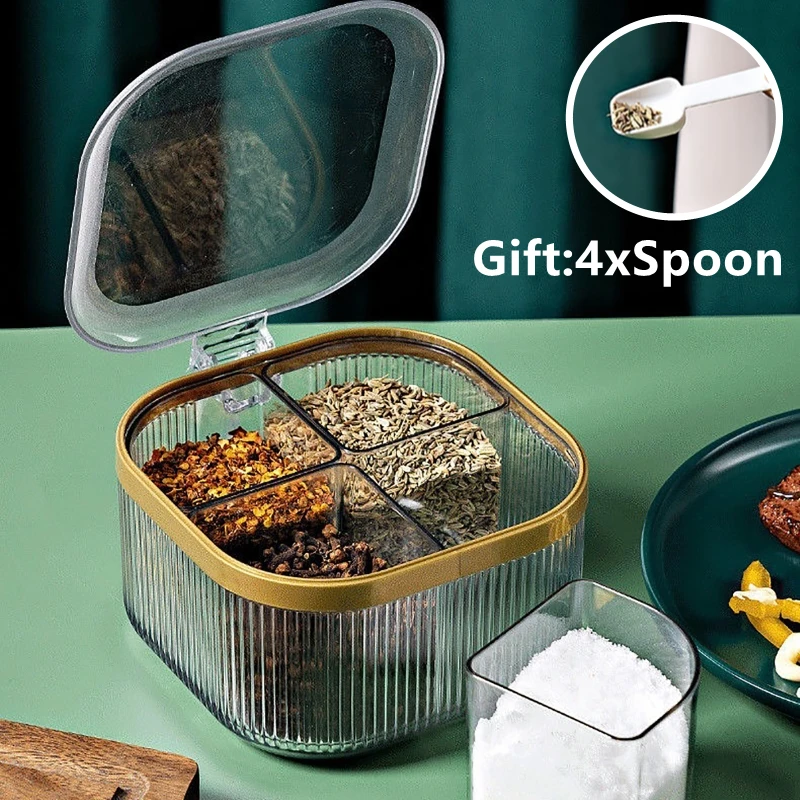 Plastic Seasoning Box with 4 Spoons Spice Jar Multi Compartment Herb ...