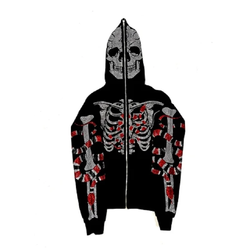 Rhinestone Skeleton Rope Graphic Zip Hoodie Grunge Harajuku Female ...