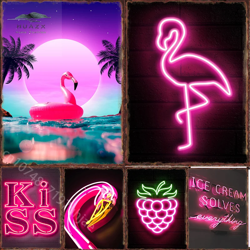 Roze-Neon-Kunst-Metalen-Borden-Flamingo-Posters-Voor-Home-Pub ...