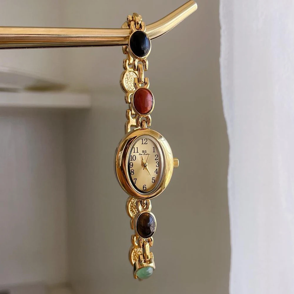 BS Bee Sister Gold Oval Dial Watches For Women Vintage Alloy Quartz ...