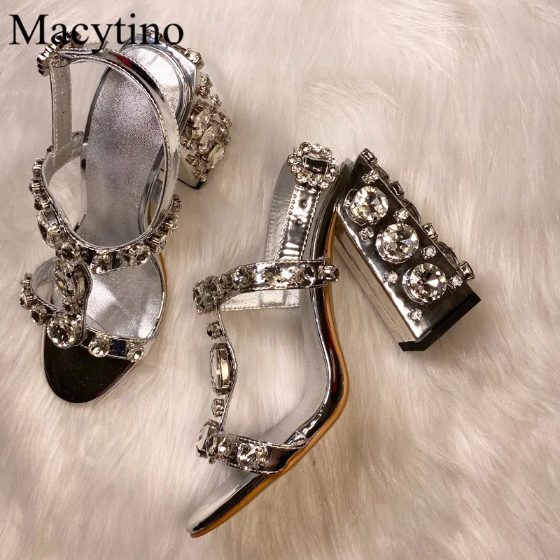 Round Toe High Heels Women | Rhinestone High Heel Sandals | Chunky Heel ...