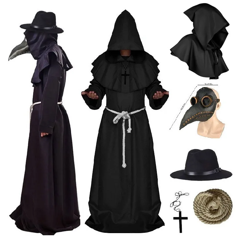 New-Halloween-Medieval-Hooded-Robe-Plague-Doctor-Costume-Hat-Men-Monk ...