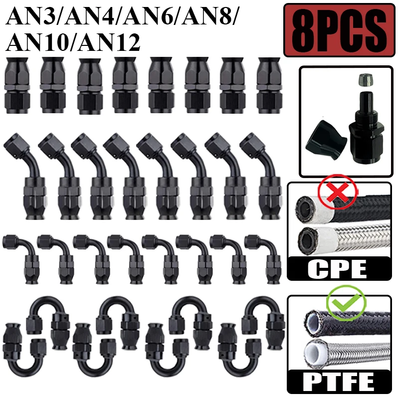 8X-3AN-4AN-6AN-8AN-10AN-12AN-Straight-0-45-90-180-Degree-Swivel-Hose ...