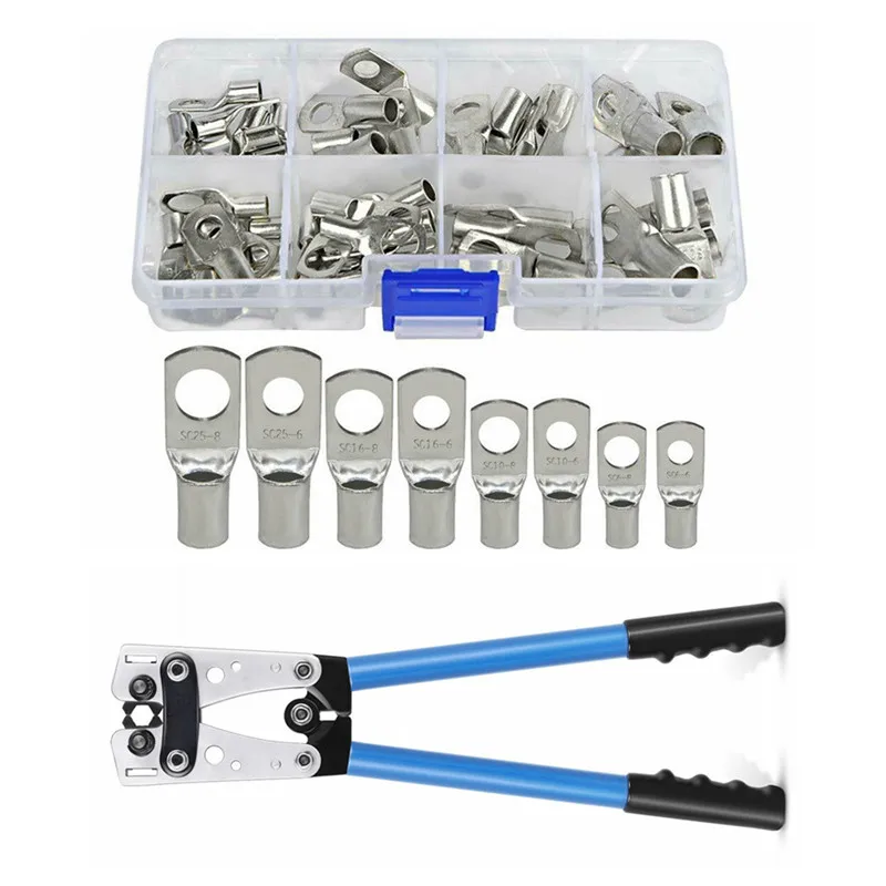 HX 50B 케이블 러그 크림핑 도구, 헤비 듀티 와이어 러그, 배터리 터미널, 구리 러그 AWG 8 1/0, 60 개 구리 링 ...