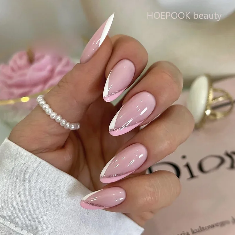 24pcs French Almond False Nails Noble Glitter Lines Design Fake Nails ...