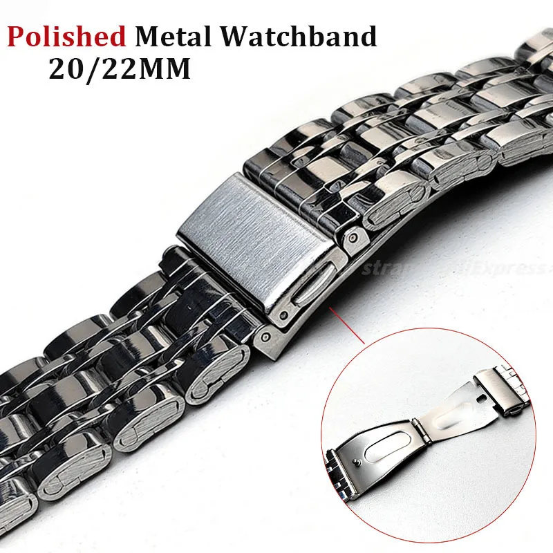 Stainless-Steel-Watchbands-Silver-20mm-22mm-Polished-Metal-Watch-Band ...