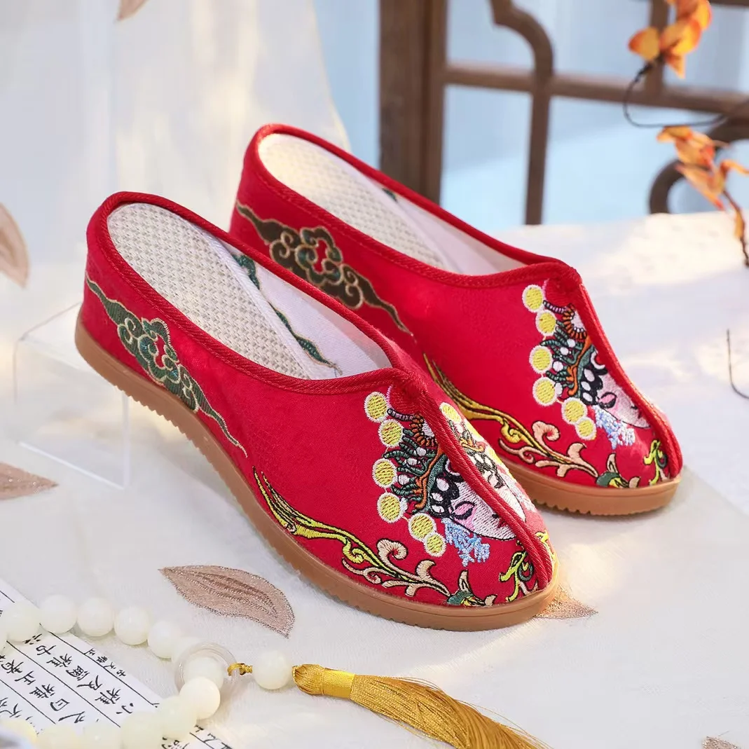 Women's New Ethnic Style Round Toe Wedges Canvas Embroidered Slipper ...