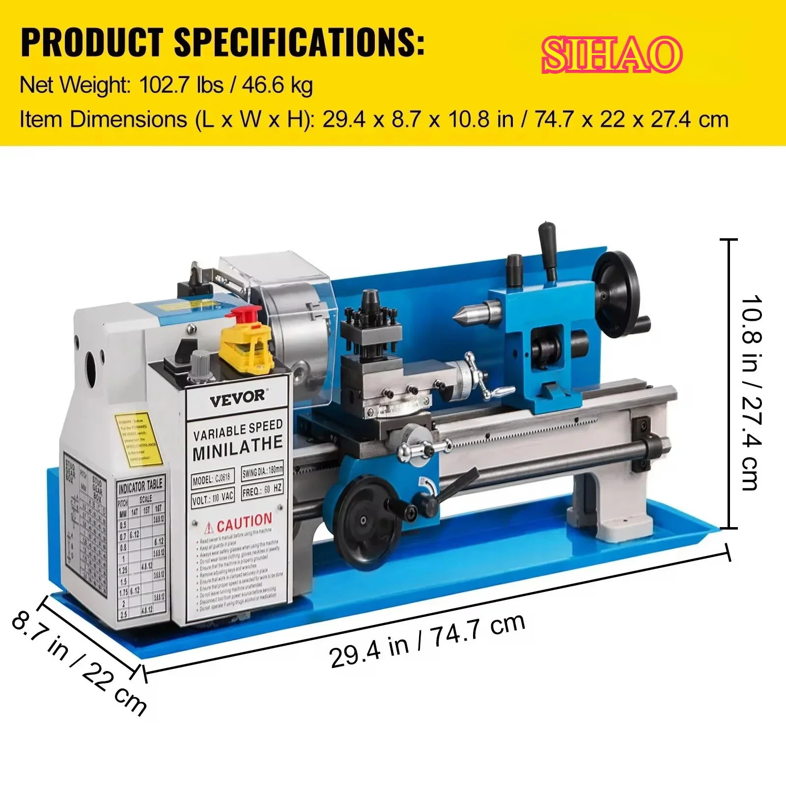 SIHAO 550W Mini Metal Lathe 7"x14" Precision Threading & Metal Gear ...