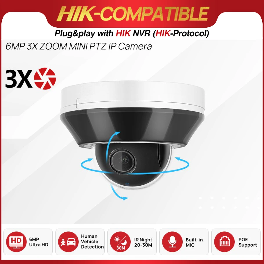 6MP 3X Zoom PTZ Security Camera Human & Vehicle Detection Built-in Mic ...