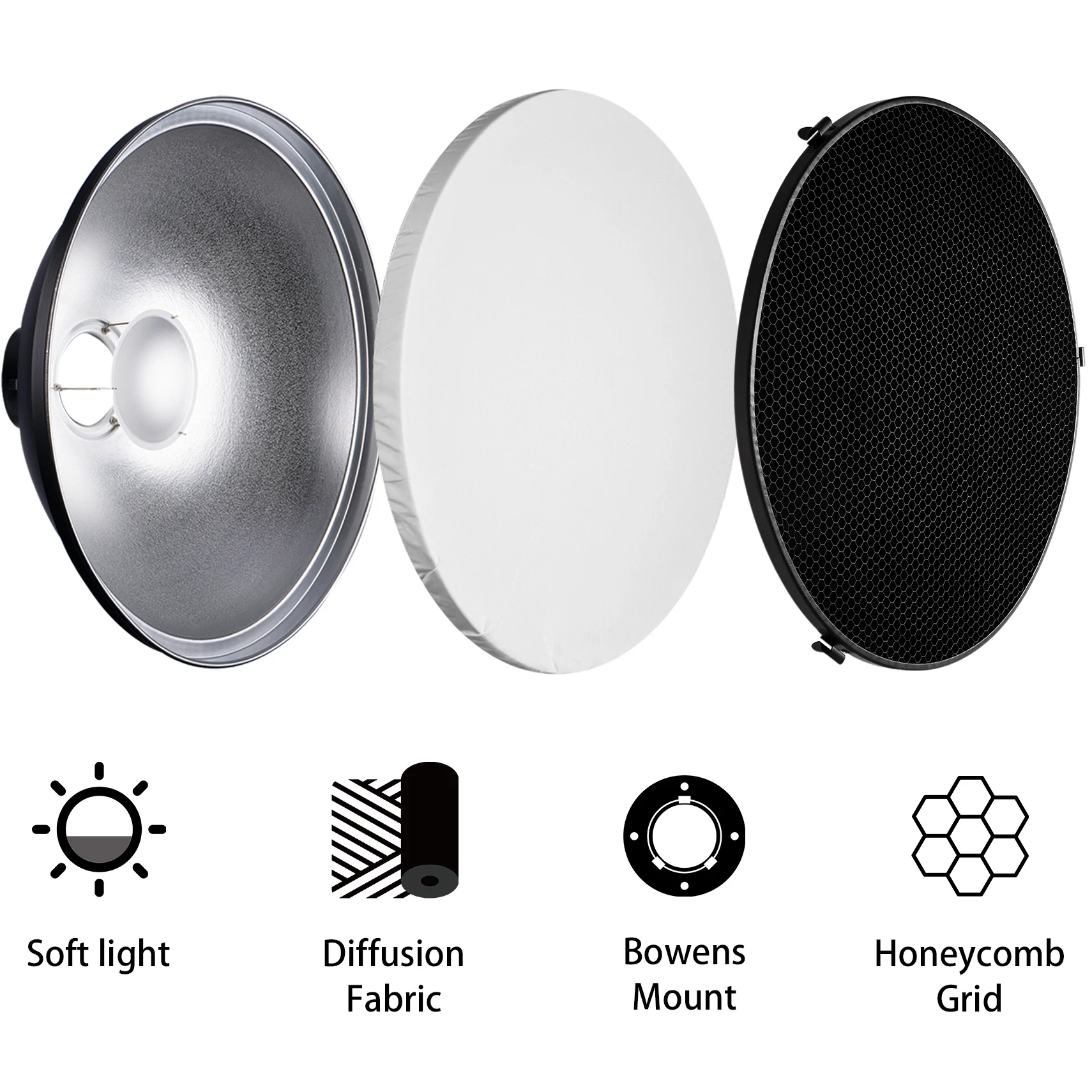 Selens Reflector Beauty Dish 42cm/16.5in Honeycomb Grid and Diffuser ...