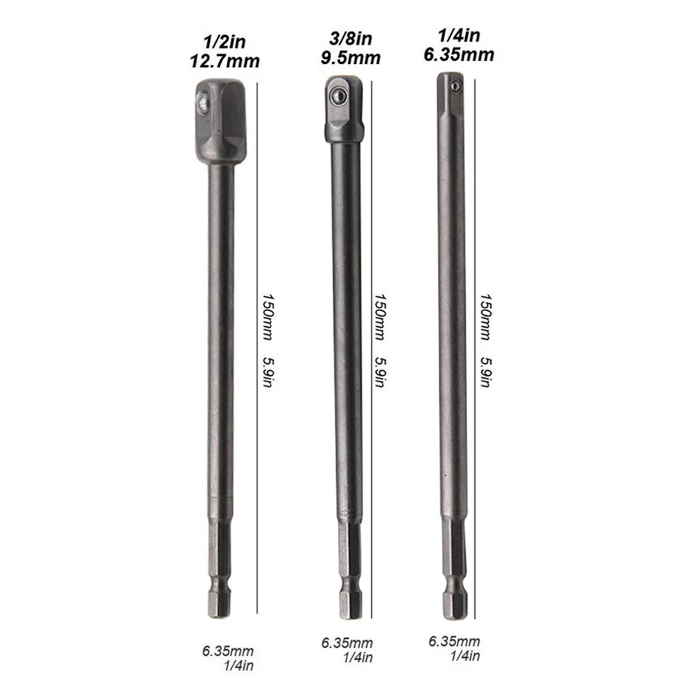 3pcs Socket Adapter Set Hex Shank to Square Drive 150mm Extension Bar ...