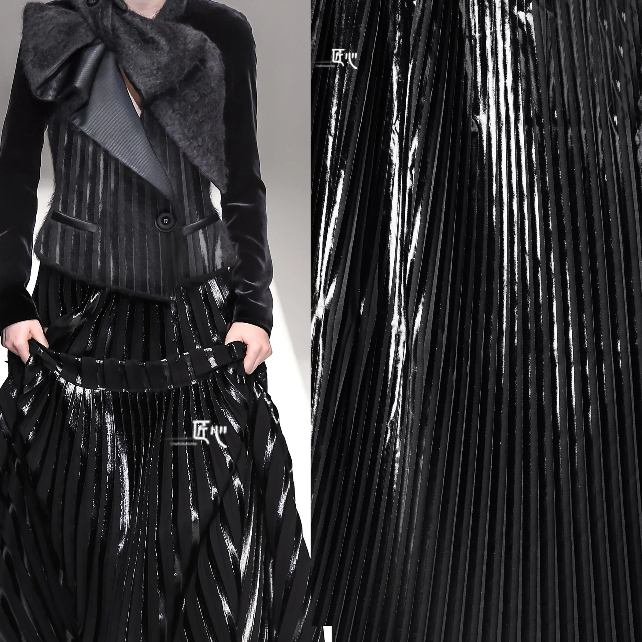 Pleated-Black-Leather-Coated-Stripes-Pleated-Organza-Pleated-Creative ...