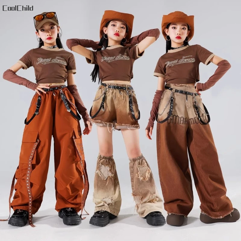 Girls Hip Hop Western Cowboy Crop Top Gradient Cargo Pants Kids Street ...