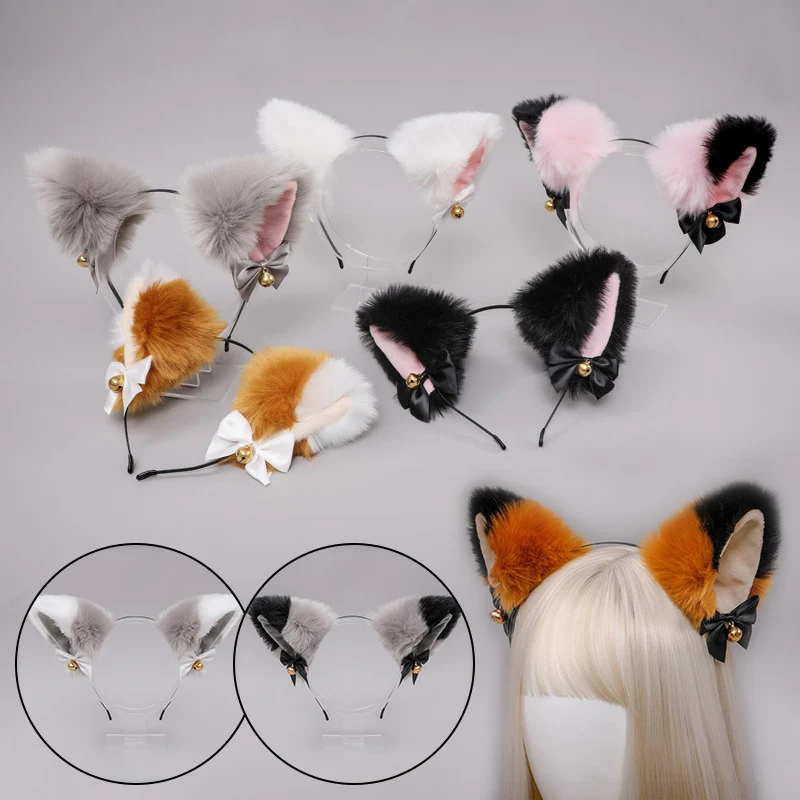 Cute-Plush-Cat-Ear-Bow-Bell-Headband-Lolita-Fox-Ear-Headdress-Women ...