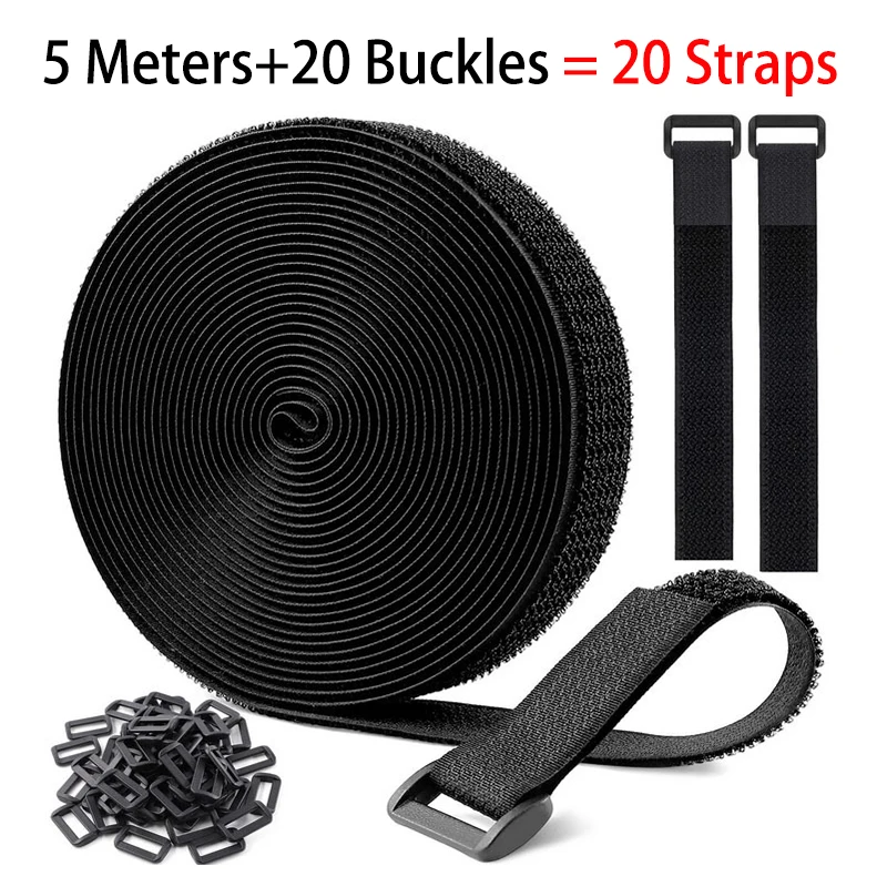 Adjustable Cable Straps with 20 Buckles Free Cut Length Black Reusable ...