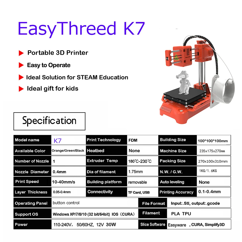 TISHRIC K7 3D Printer Kit Easy To Use One-click Printing 3D Children ...