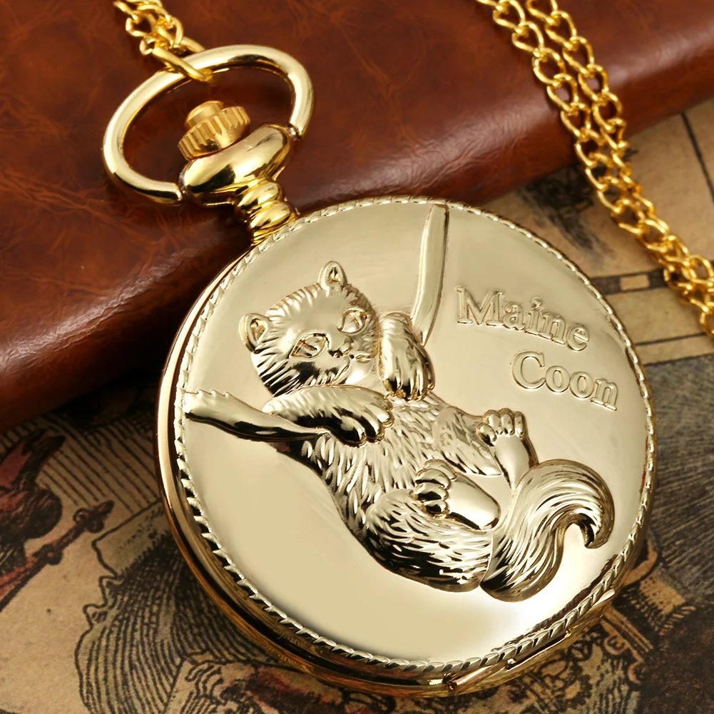 Cute Maine Coon Pattern Necklace Pocket Watches Gift Luxury Golden ...
