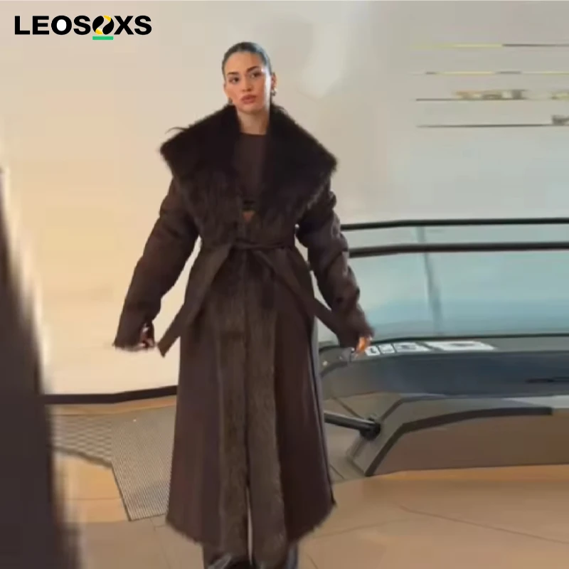 Elegant Dark Brown Faux Fur Splice Maxi Coat Women Vintage Thicken ...