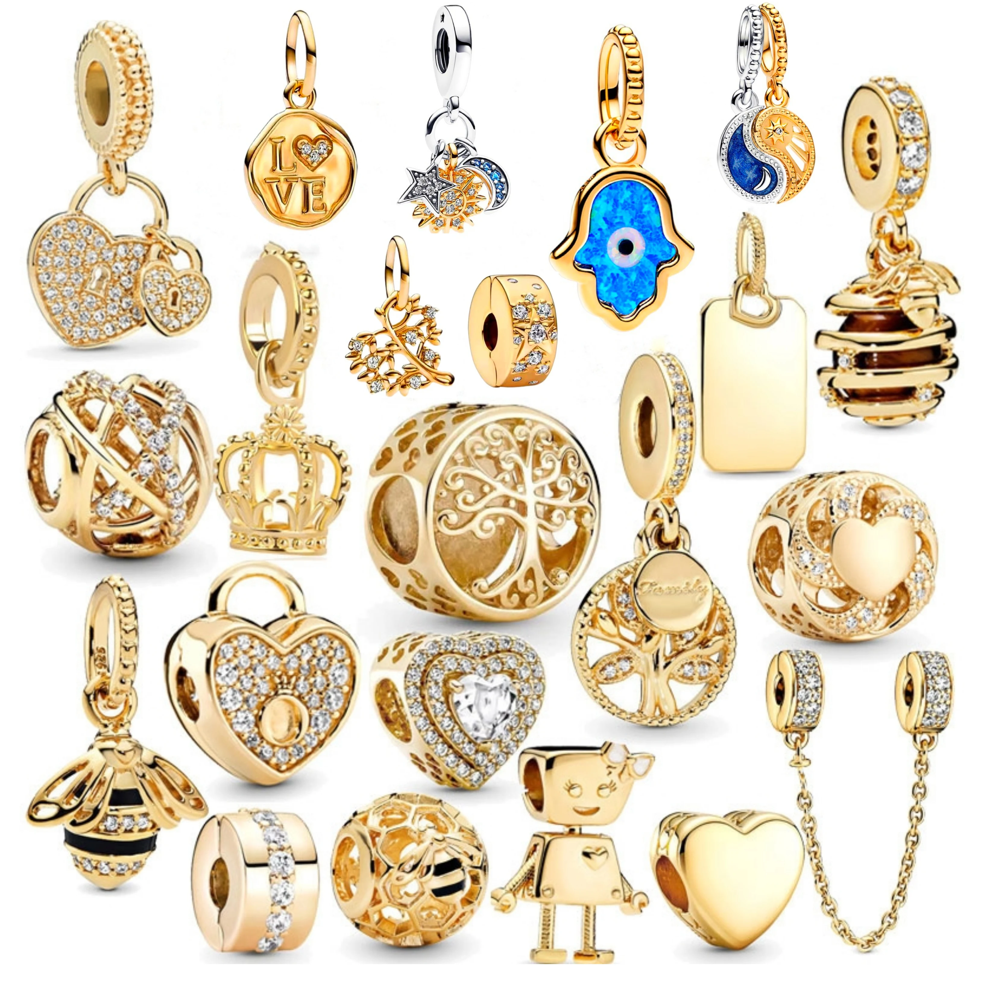 925-Sterling-Silver-Gold-Color-Fam-lia-rvore-Pingente-Charme-Cora-o ...