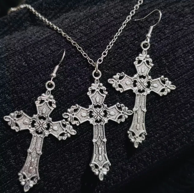 Vintage-Punk-Cross-Necklace-Earring-Set-For-Women-Fashion-Jewelry-Metal ...