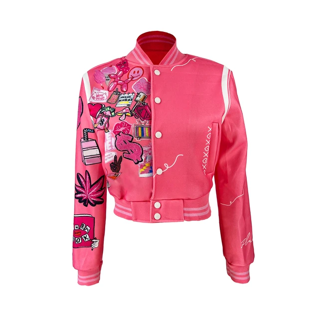 Varsity New Popular Jacket for Women Fitness Letter Printed Button Up ...