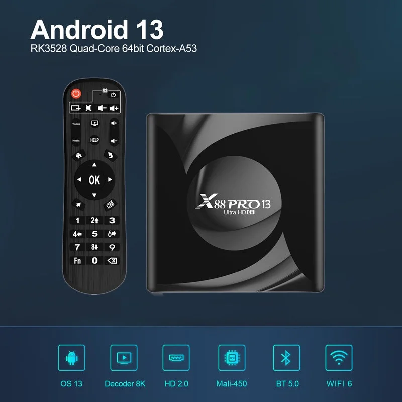 Android13 X88 Pro 13 Tv Box RK3528 Quad Core 2.4G /5G Dual band Wifi6 Bluetooth 8K Smart Media ...