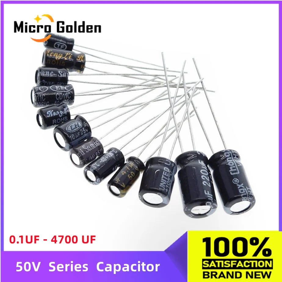 Condensador electrolítico de aluminio de 50V, 0,1 UF, 0,47 UF, 1UF, 2,2 UF, 3,3 UF, 4,7 UF, 10 ...