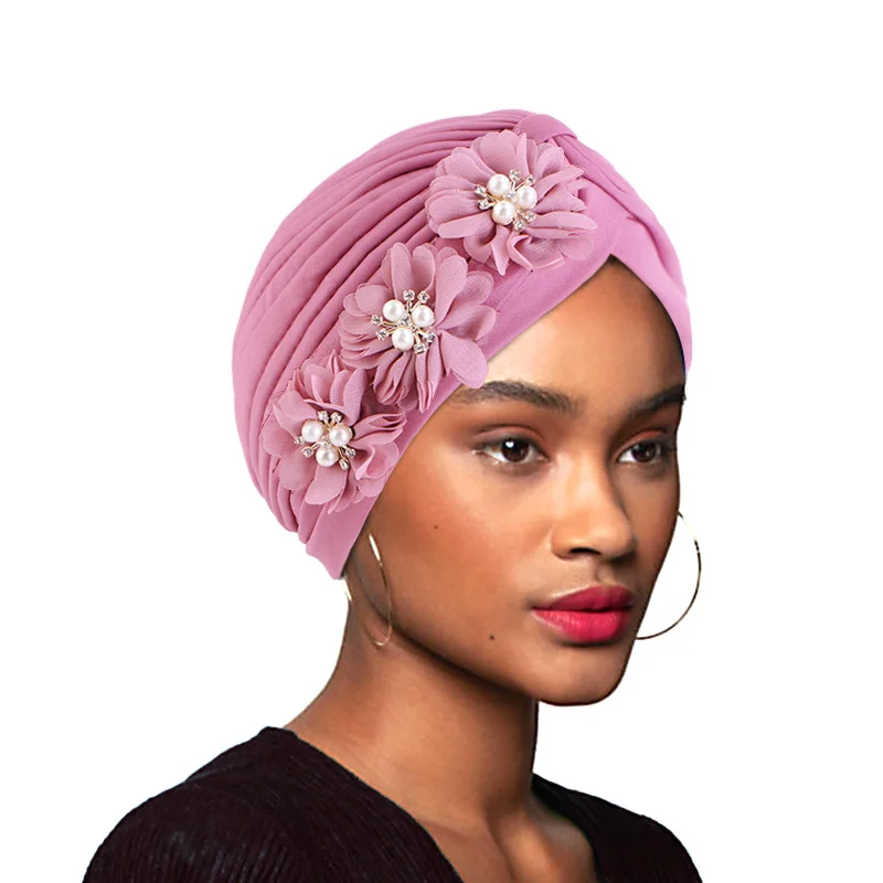 New-Women-solid-Pearl-Flowers-Ruffle-Turban-Muslim-Hijab-Headscarf-Caps ...