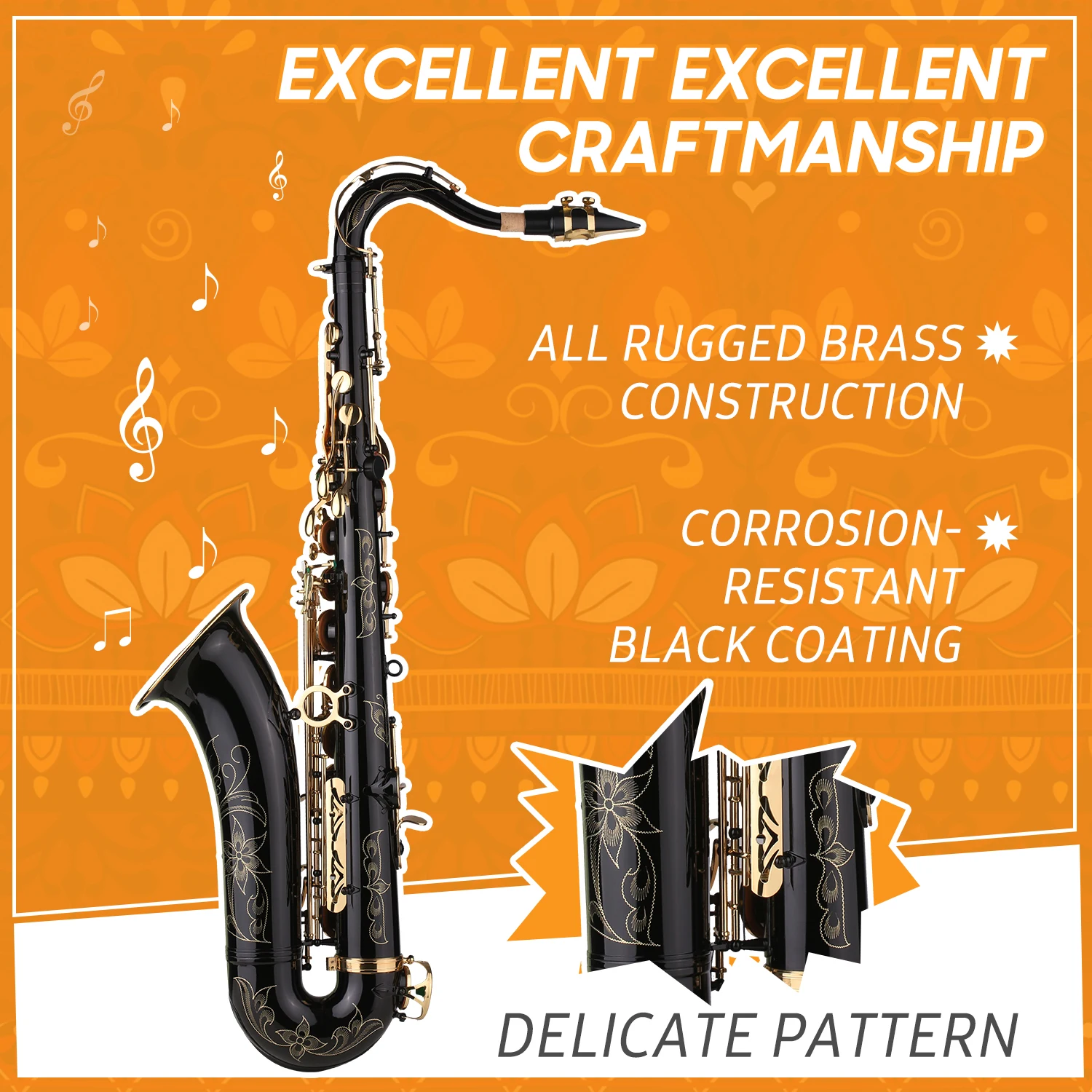 Bb Black Lacquer Sax B-flat Tenor Saxophone with Instrument Case ...