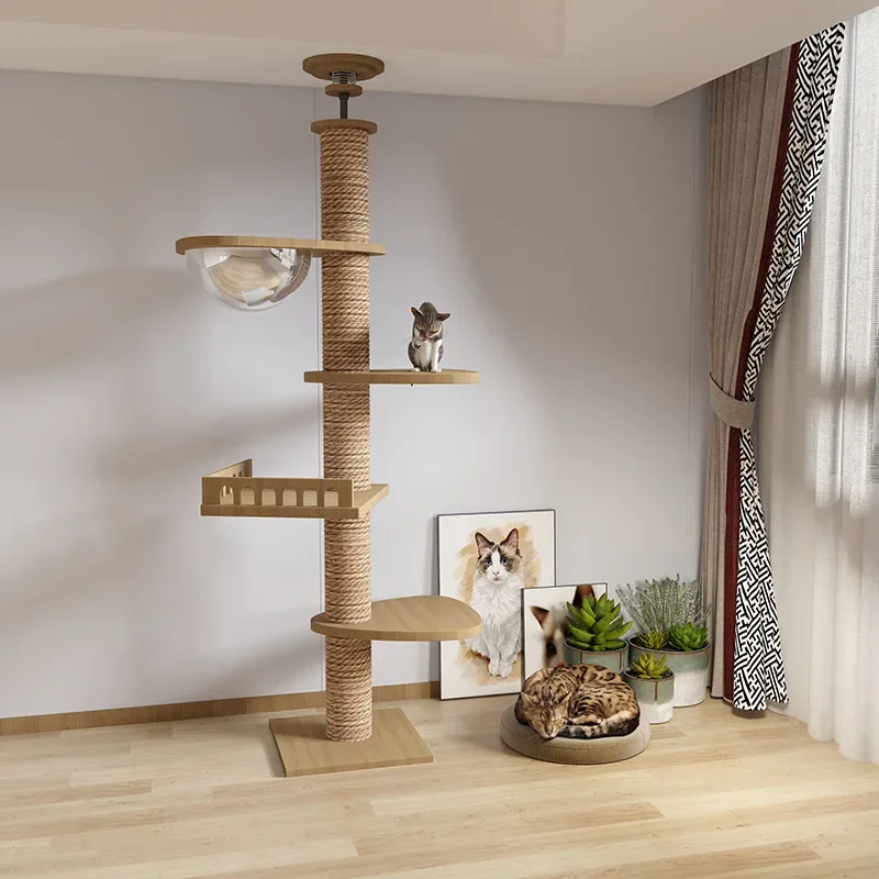 Cat Tree From Floor To Ceiling Wooden Cat Tower Condo And Sisal Rope ...