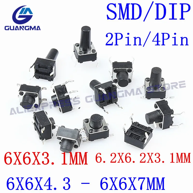 1000Pcs Middle SMD 4Pins 2pin 6*6*4.3/5/6/7MM Switch Tactile Push ...