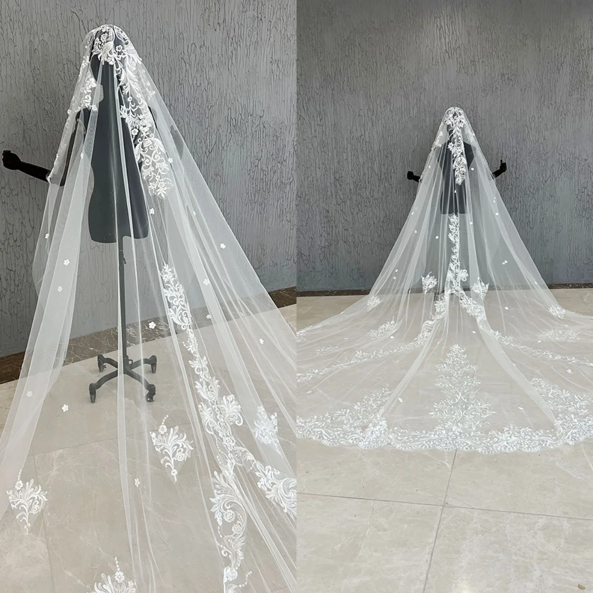 Modern Appliques Wedding Veil Lace One Layer Cathedral Length Bride ...