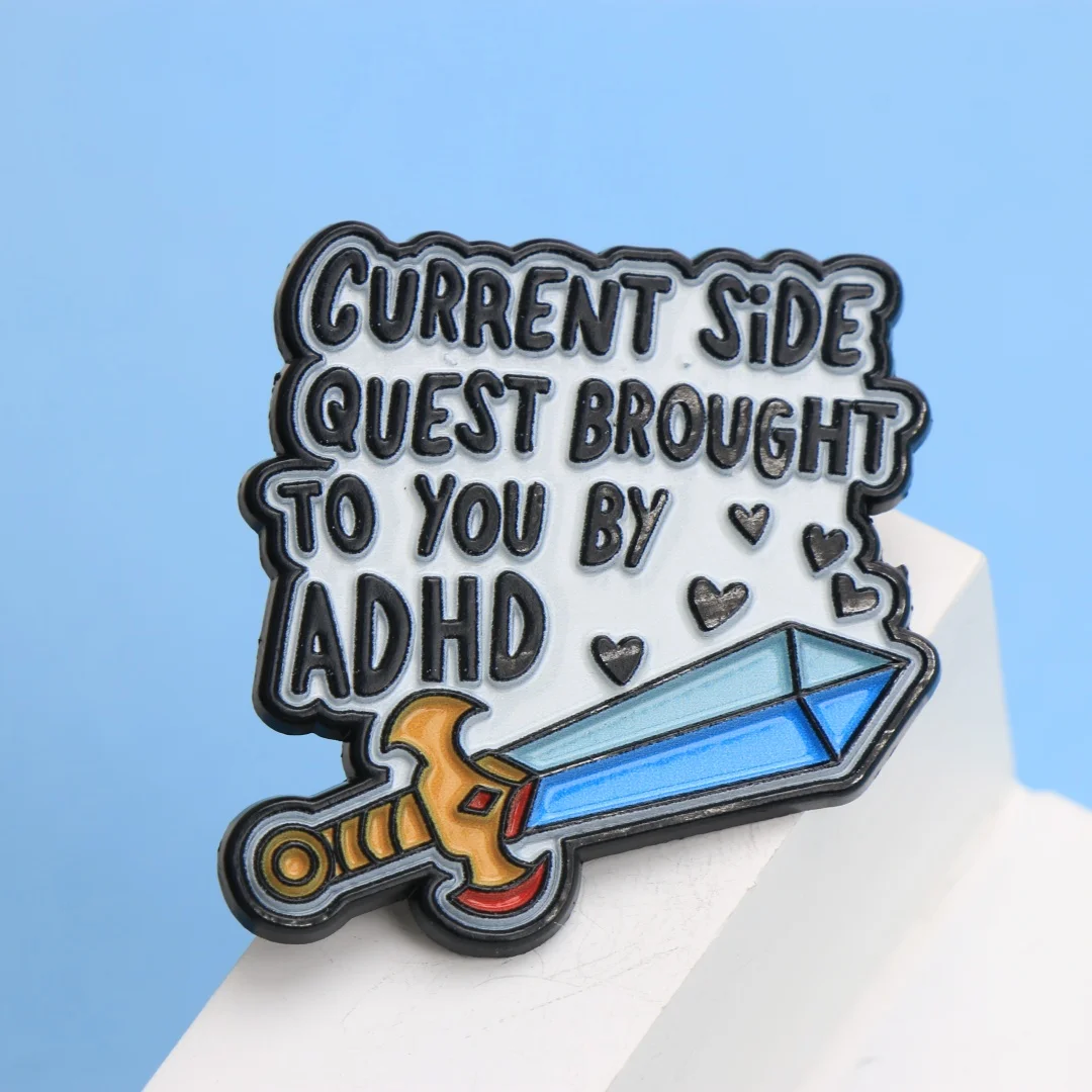 ADHD Side Quest Sword Enamel Pin - Cartoon Slogan Lapel Badge for ...