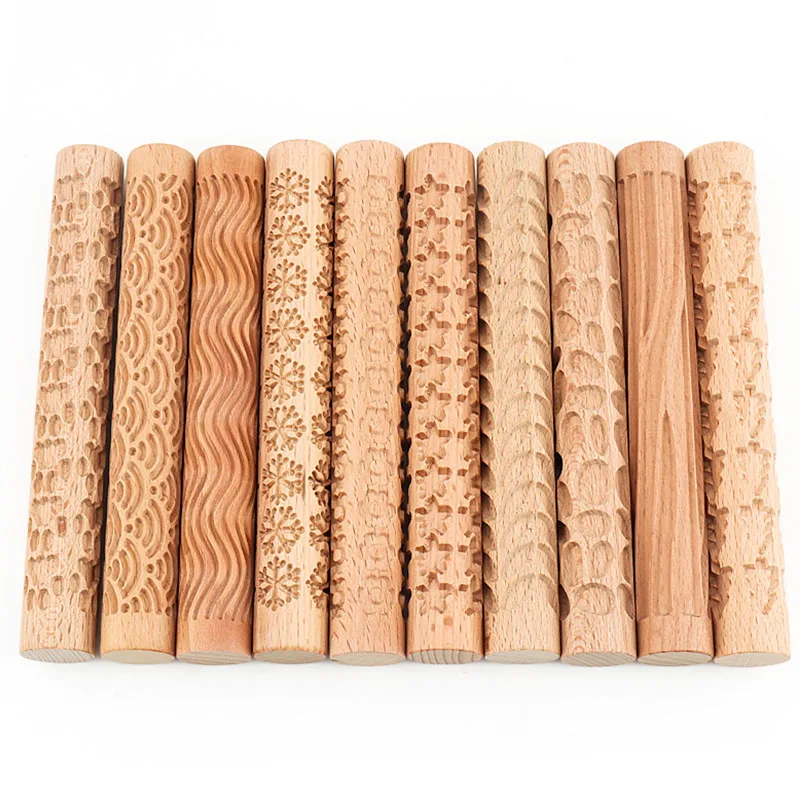 Wooden Texture Rolling Pin Baking Mud Pressed Pattern Roller Rod ...