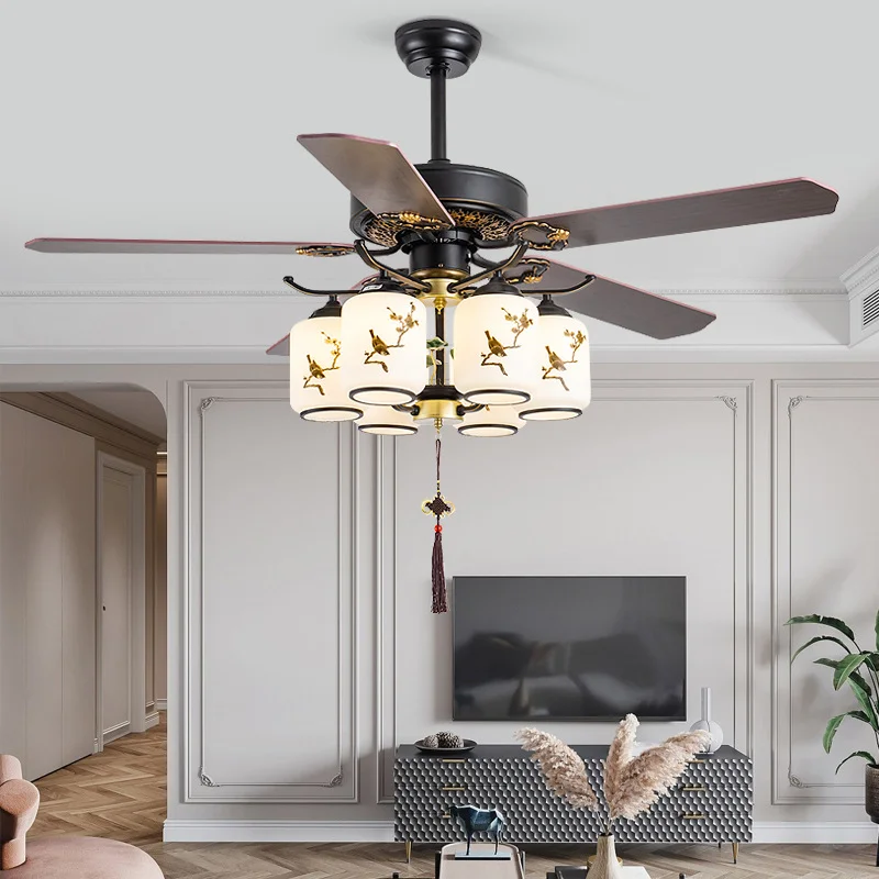 Chinese Style Ceiling Fans With Light Wood Blades DC Motor Reversible ...