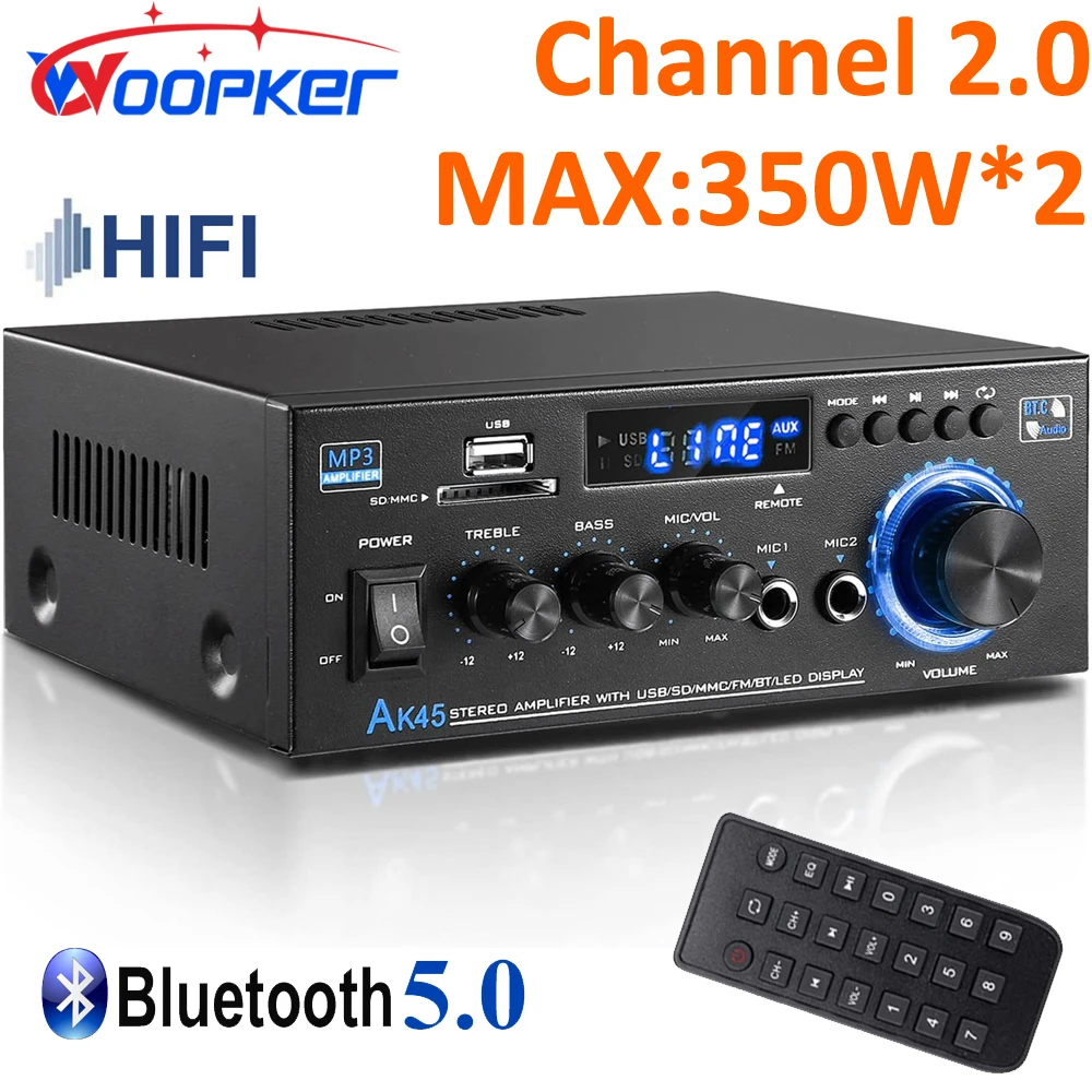 Woopker HiFi wzmacniacz cyfrowy AK45 Bluetooth MP3 kanałowy wzmacniacz dźwięku 2.0 wsparcie 90V ...