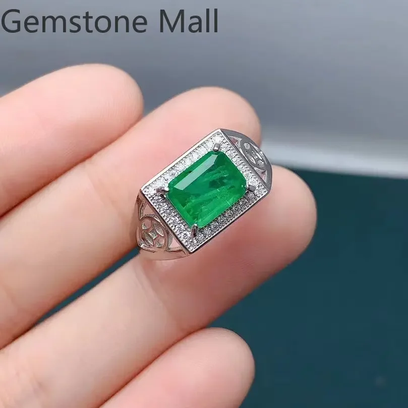 7mm-9mm-2ct-Man-Made-Emerald-Color-Gemstone-Ring-for-Men-925-Silver-Men ...