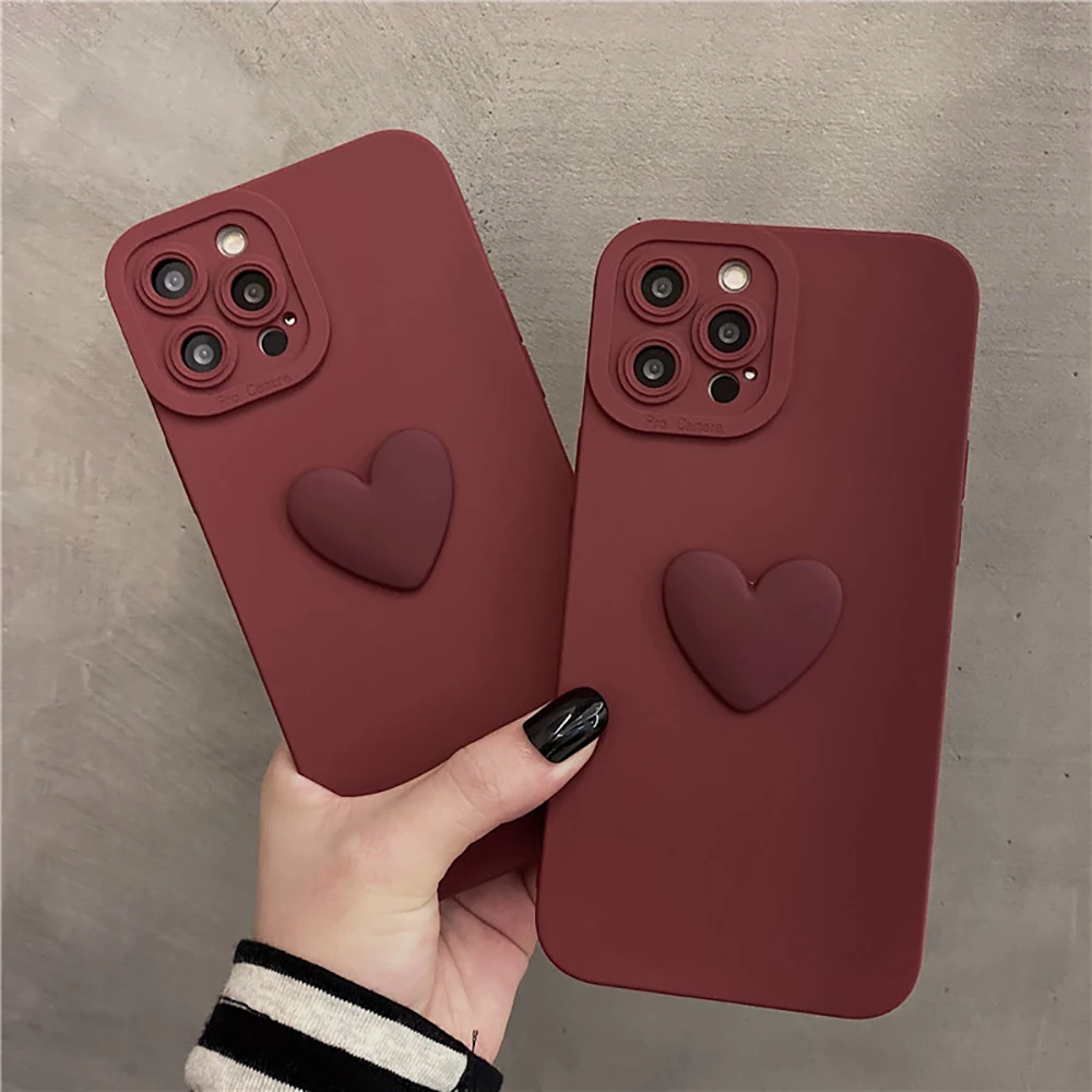 3D-Wine-Red-Matte-Cute-Love-Heart-Soft-Phone-Case-For-iPhone-12-11-13 ...