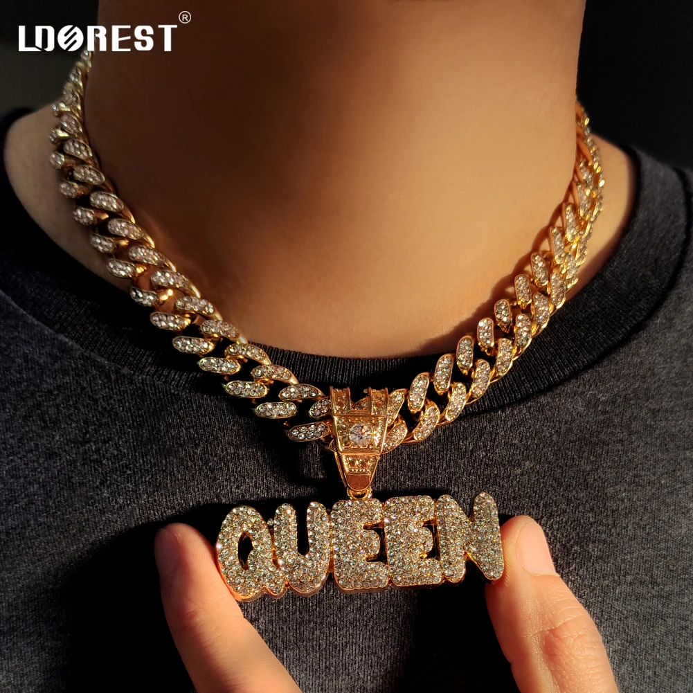 Iced-Out-Bling-QUEEN-Letter-Pendant-Necklace-for-Women-Men-13mm-Miami ...