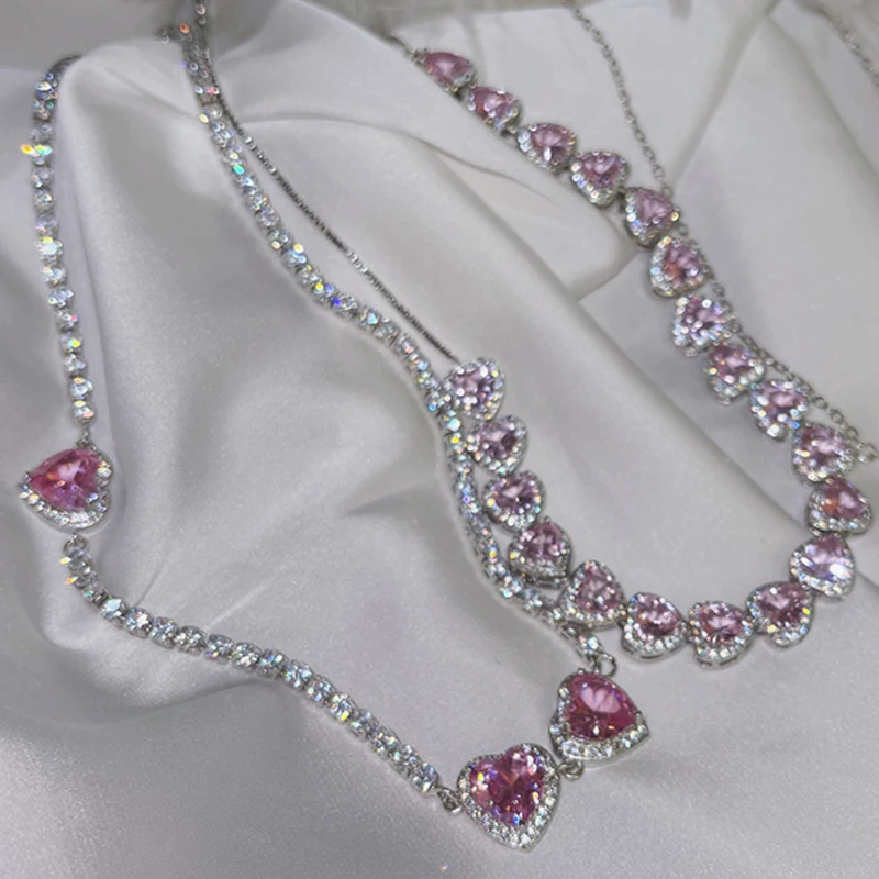 Trendy Pink Crystal Heart Choker Necklace For Women Girls Elegant Cubic ...