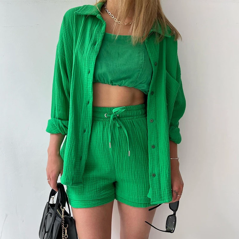 Lace-up Wide Leg Short Pants Wrinkled Loose Long Sleeve Pockets Shirt ...