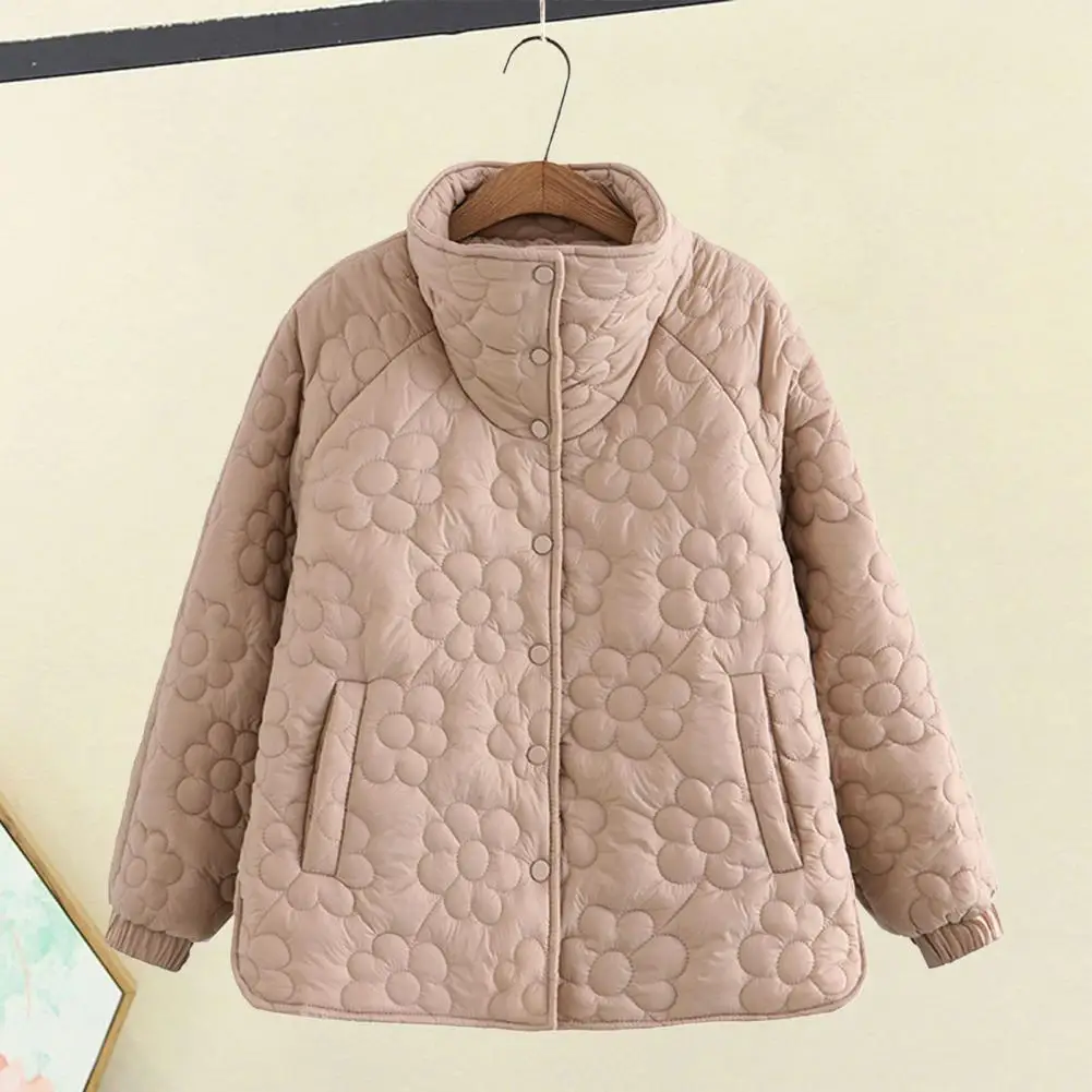 Women-Winter-Jacket-With-Stand-Collar-Button-Placket-Flower-Pattern ...