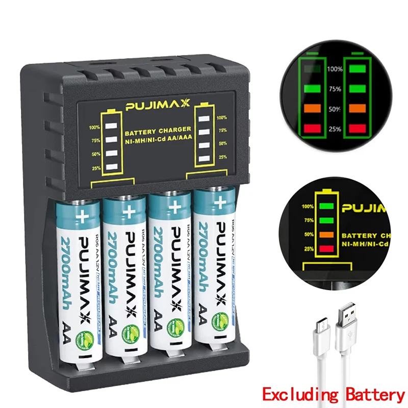AA/AAA Battery Charger 4 Slots With Intelligent LED Indicator USB C ...